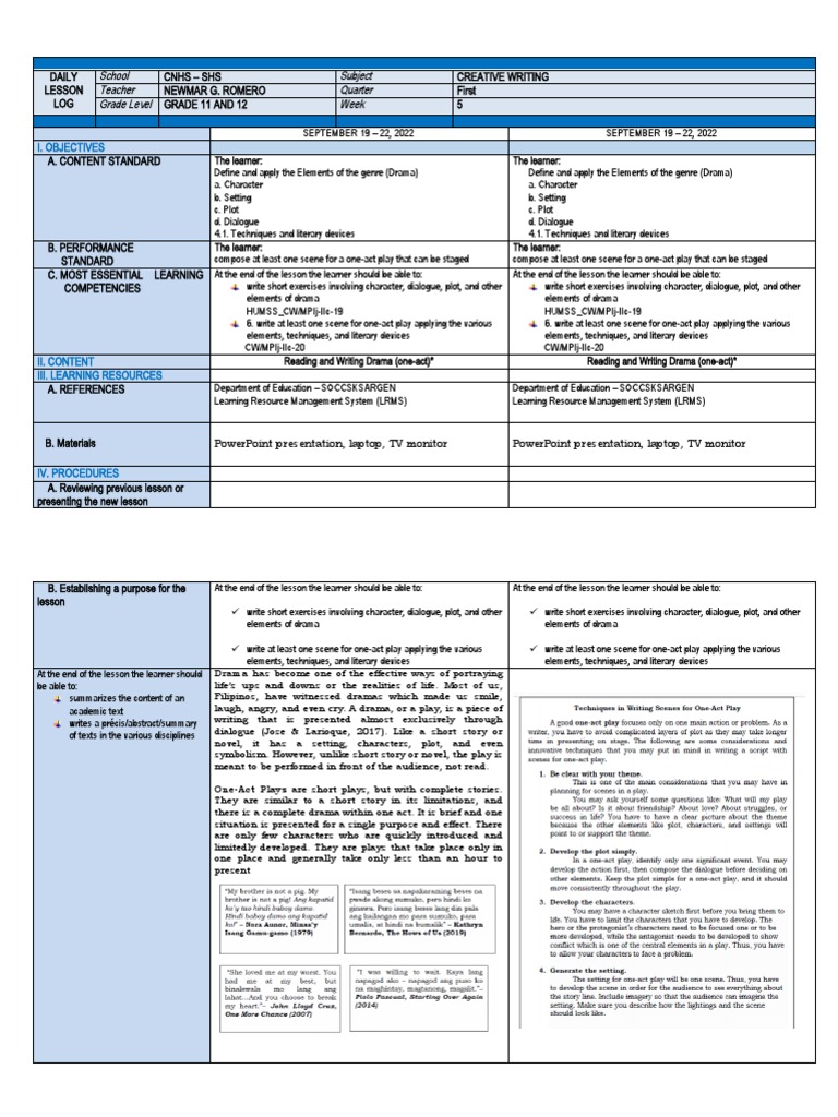 Creative Writing DLL Week 5 | PDF | Play (Theatre) | Plot (Narrative)