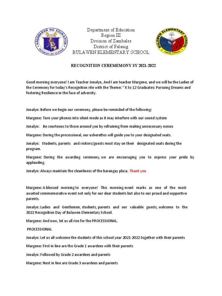 Recognition Emcee Script 2022 | PDF | Social Science | Wellness