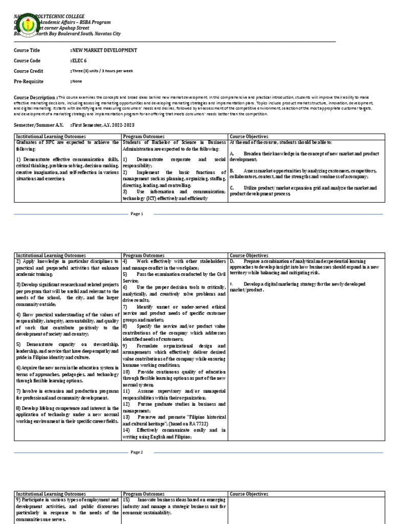 New Market Development Course Syllabus | PDF