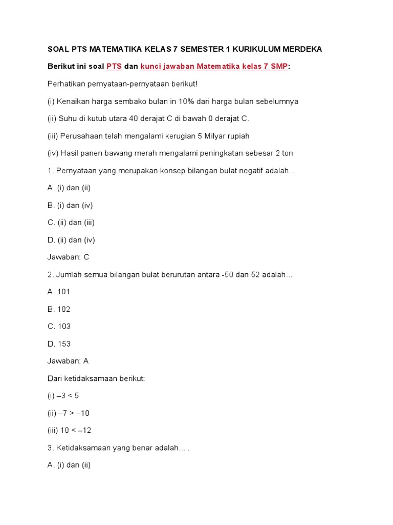 Soal PTS Matematika Kelas 7 Semester 1 Kurikulum Merdeka | PDF