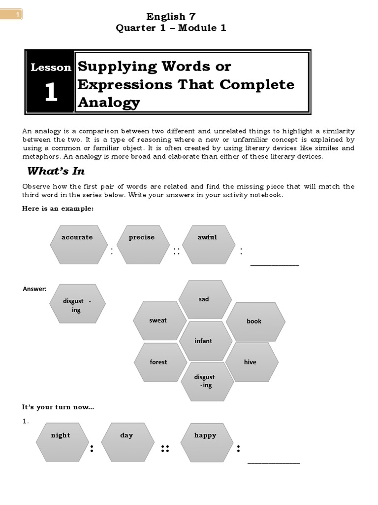 English 7 Quarter 1 MODULE 1 | PDF | Analogy
