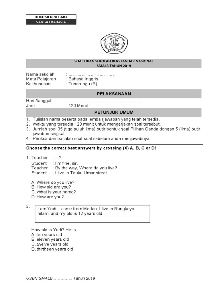 Soal Susulan Usbn B.inggris - Tunarungu 2019 | PDF
