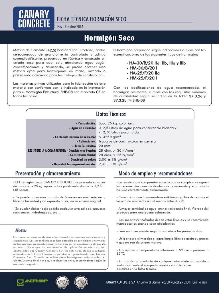 Hormigón Seco H30 de Canary Concrete | PDF | Hormigón | Cemento
