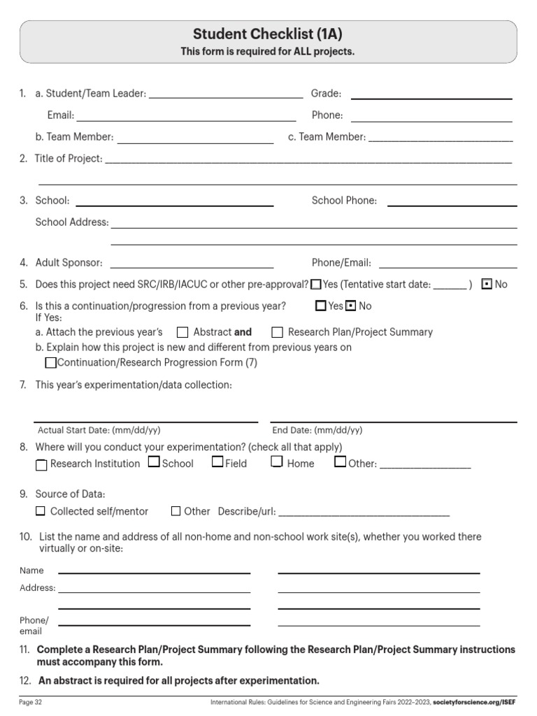 1A Student Checklist ISEF FORM | PDF | Risk | Science
