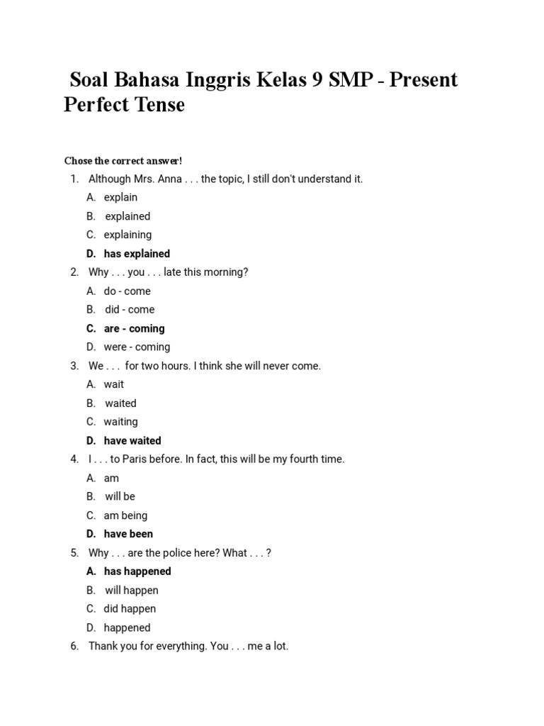 Soal Present Perfect Tense Kelas 9 | PDF