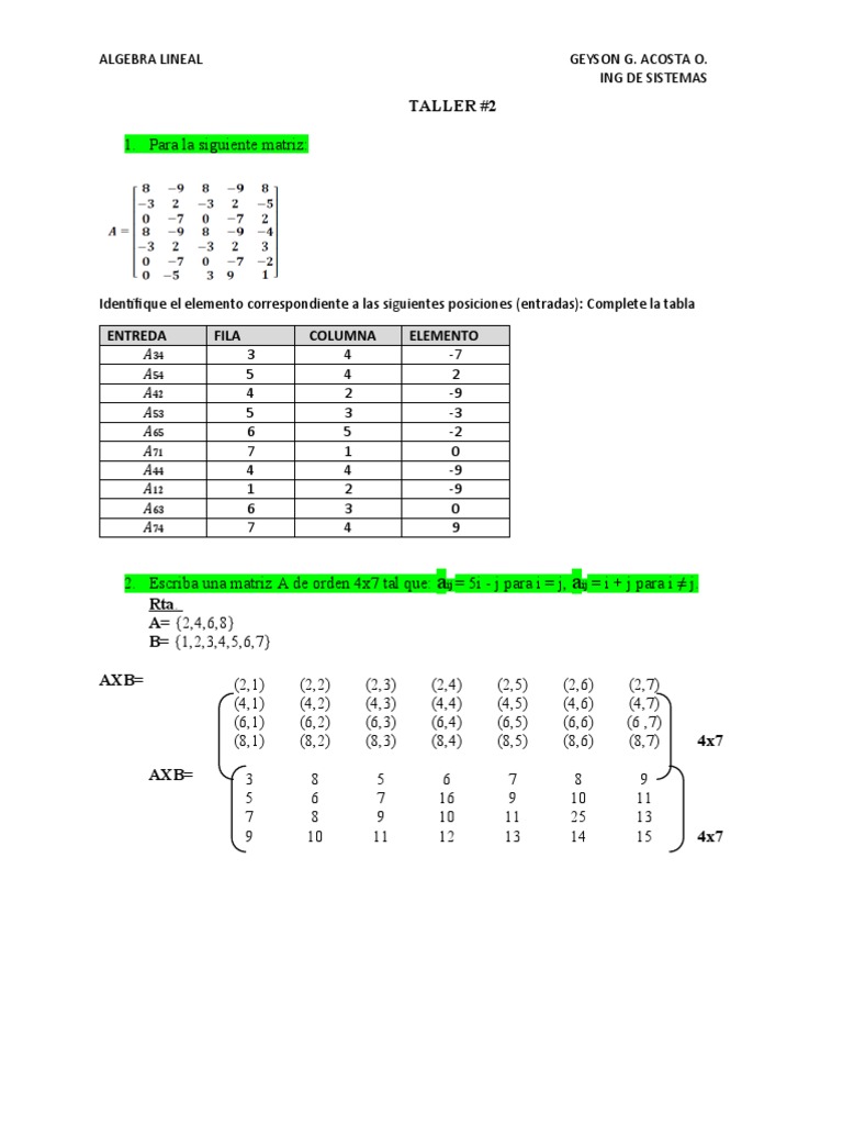 Taller 2 | PDF | Matriz (Matemáticas) | Análisis numérico