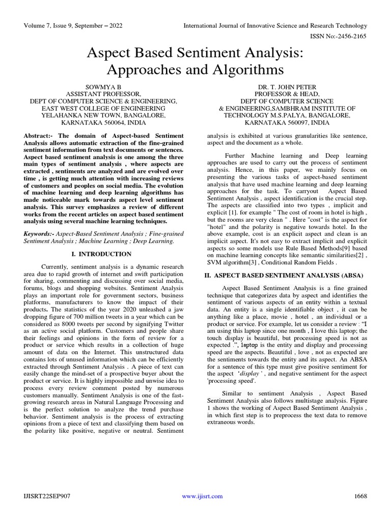 Aspect Based Sentiment Analysis Approaches And Algorithms Pdf Machine Learning Artificial