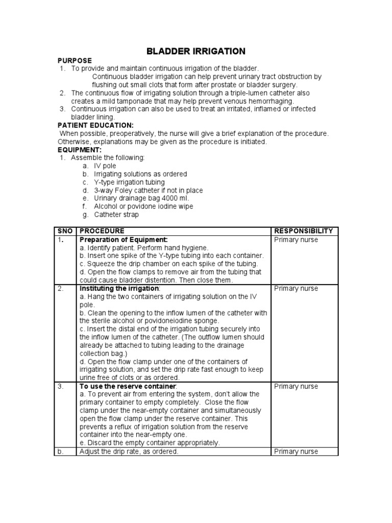 Continuous Bladder Irrigation Flow Sheet