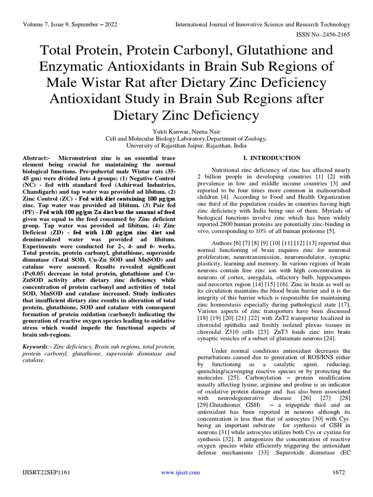 Keywords:-Zinc Deficiency, Brain Sub Regions, Total Protein | PDF | Superoxide Dismutase ...