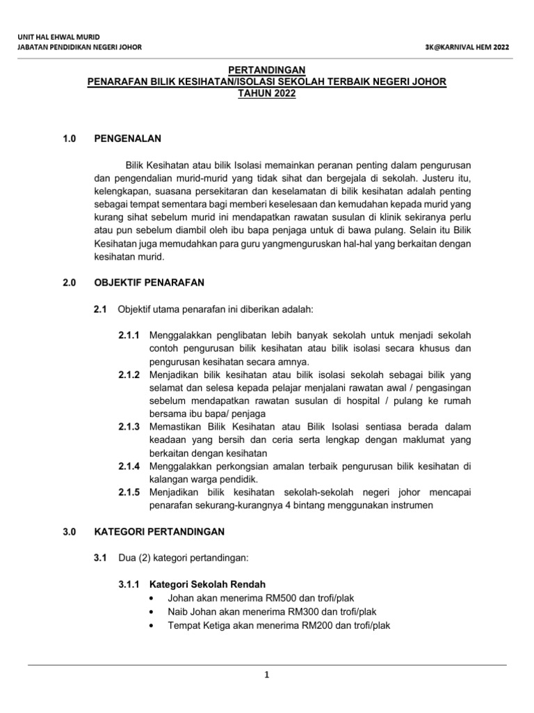 Penarafan Bilik Kesihatan Dan Isolasi 2022 | PDF