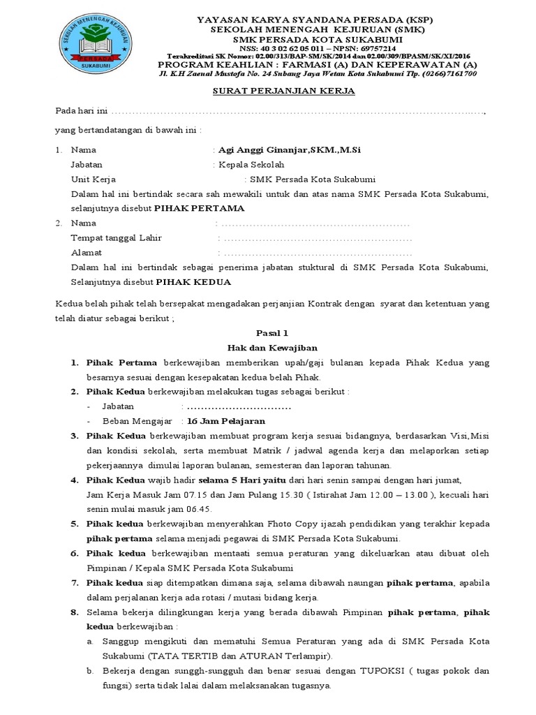 Surat Perjanjian Kerja (STAF) | PDF