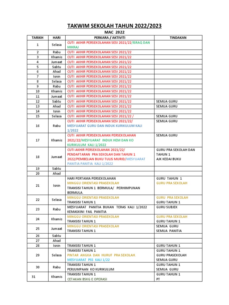Takwim Sekolah SK Rompin Tahun 2022 | PDF