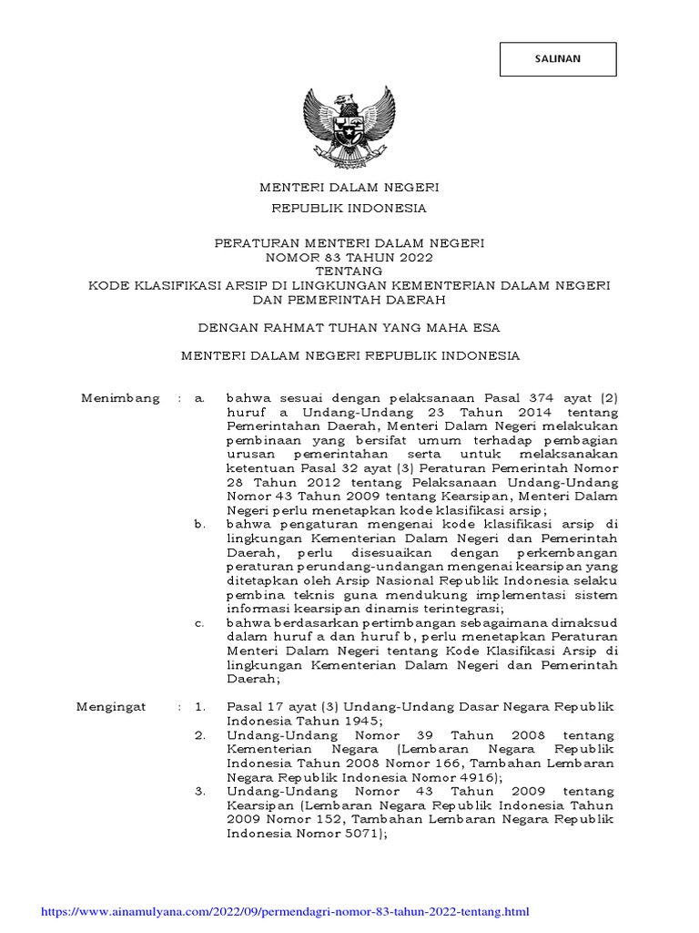 Permendagri 83 Tahun 2022 Tentang Kode Klasifikasi Arsip | PDF