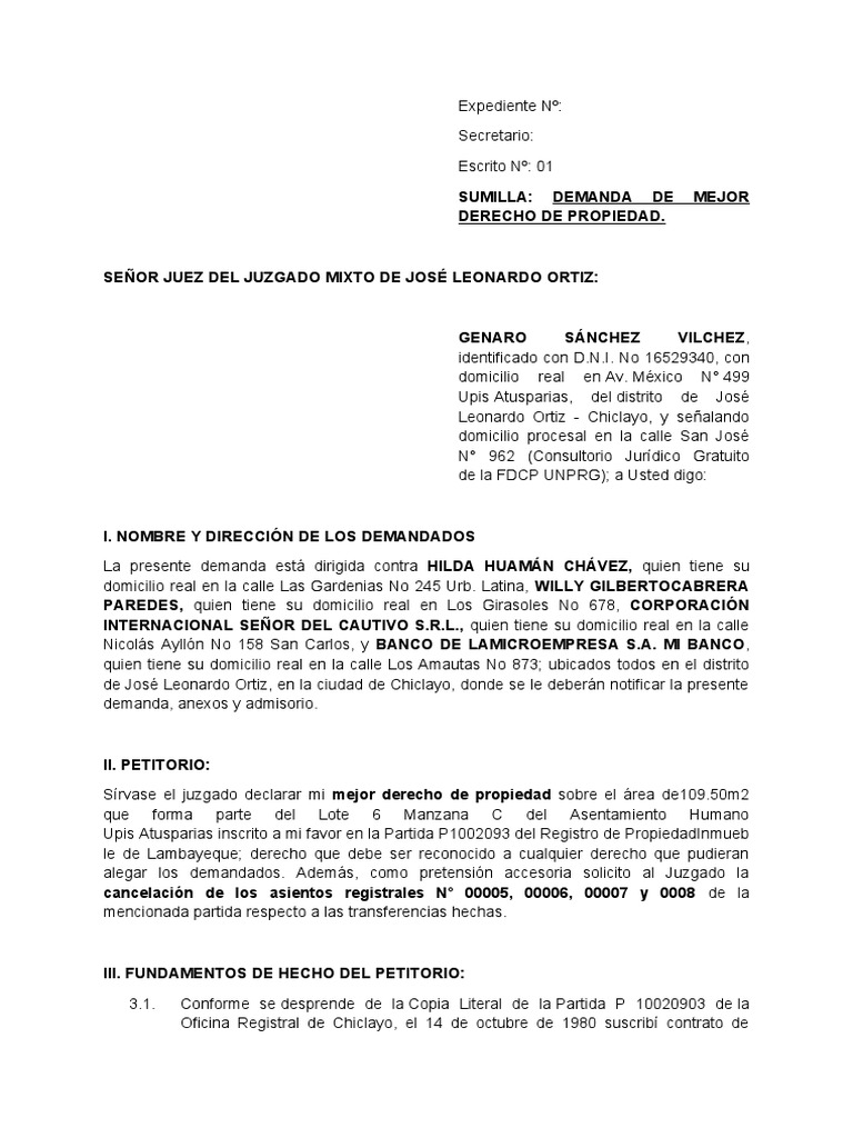 Demanda de Mejor Derecho de Propiedad | PDF | Propiedad | Derecho civil ... Demanda de Mejor Derecho de Propiedad | PDF | Propiedad | Derecho civil ...