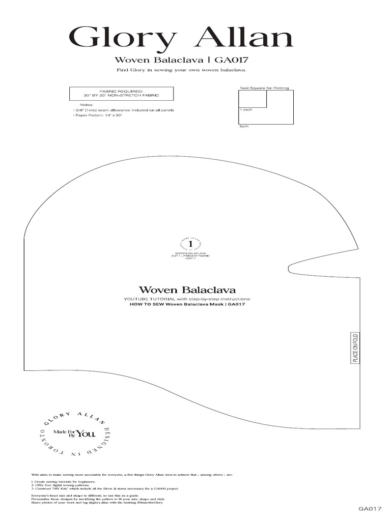 Glory Allan - GA017 - Woven Balaclava Sewing Pattern - 13in X 30in | PDF