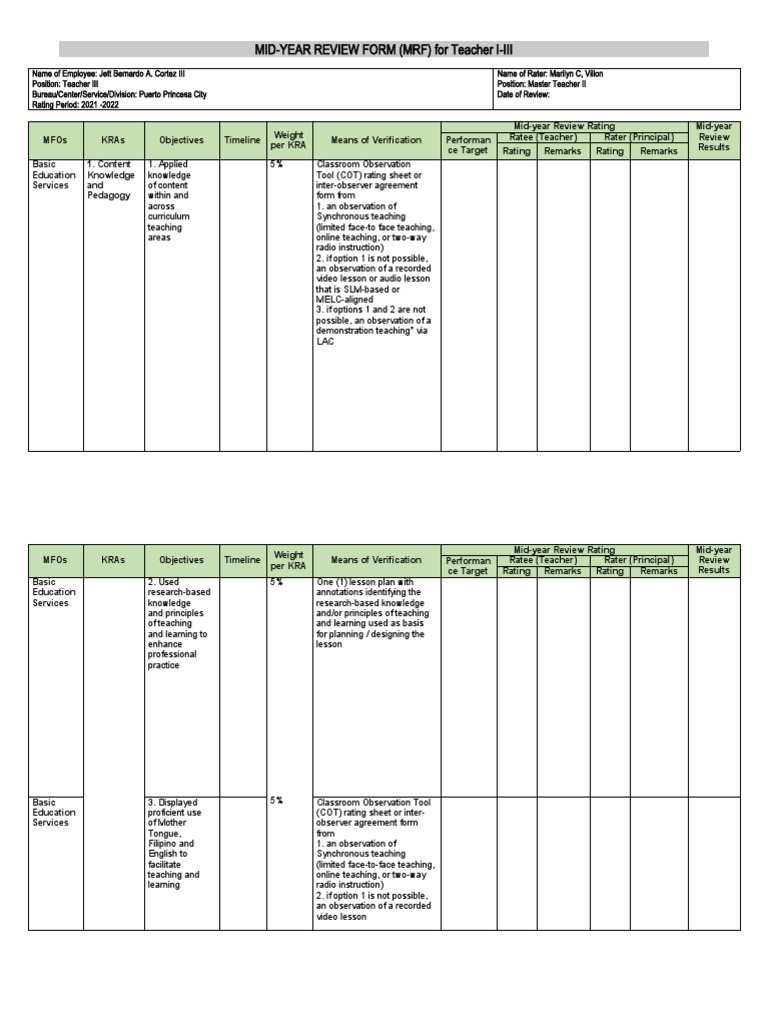 Mid Year Review Form For Proficient Teachers | PDF | Teachers | Learning