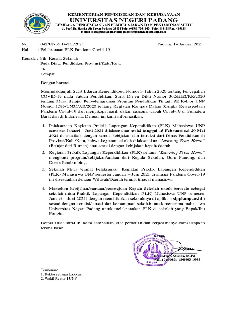 Surat Pengantar PLK UNP Januari - Juni 2021 | PDF