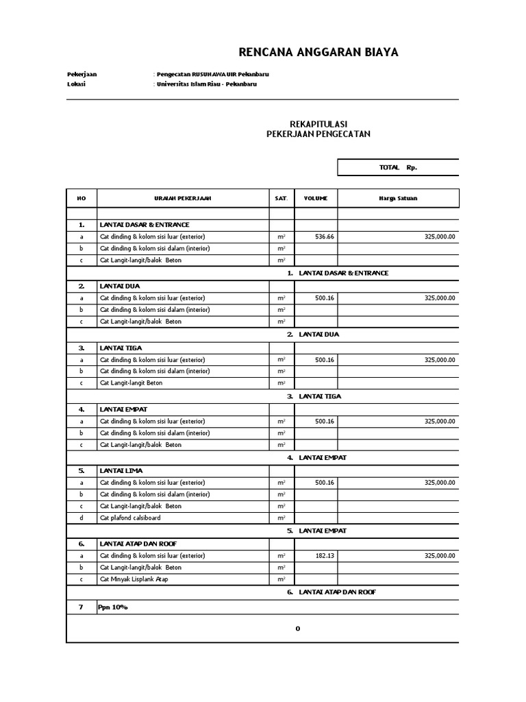 RENCANA BELANJA PEKERJAAN PENGECATAN RUSUNAWA UIR PEKANBARU | PDF