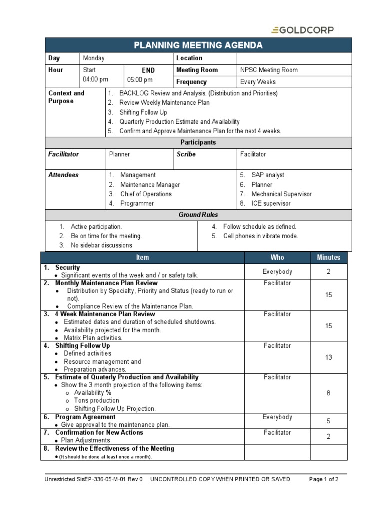 SisEP-336-05-M-01 Weekly Planning Meeting Agenda | PDF