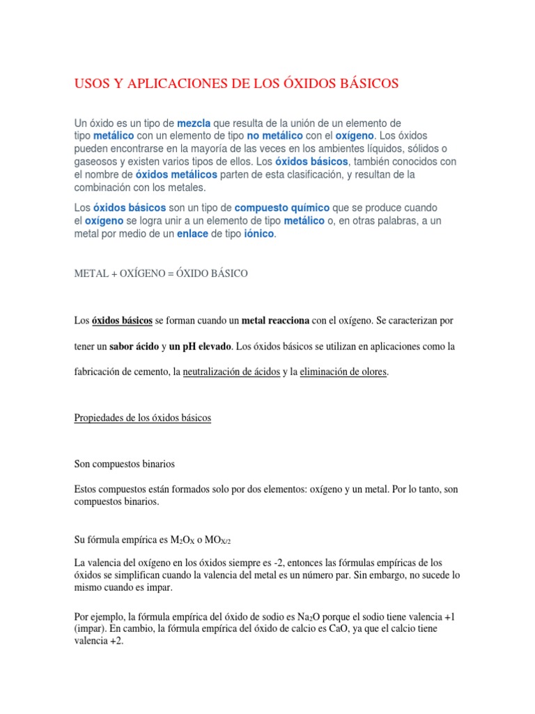 Usos y Aplicaciones de Los Óxidos Básicos | PDF | Óxido | Compuestos ...