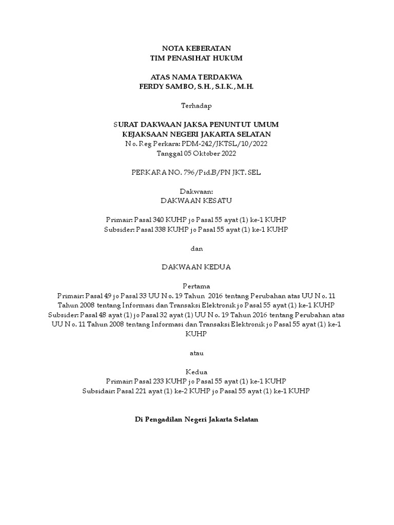 Nota Keberatan (Eksepsi) FS | PDF | Hukum