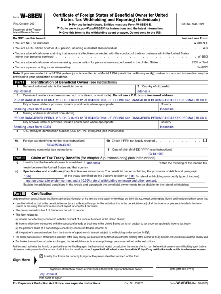W 8ben | PDF | Irs Tax Forms | Taxes