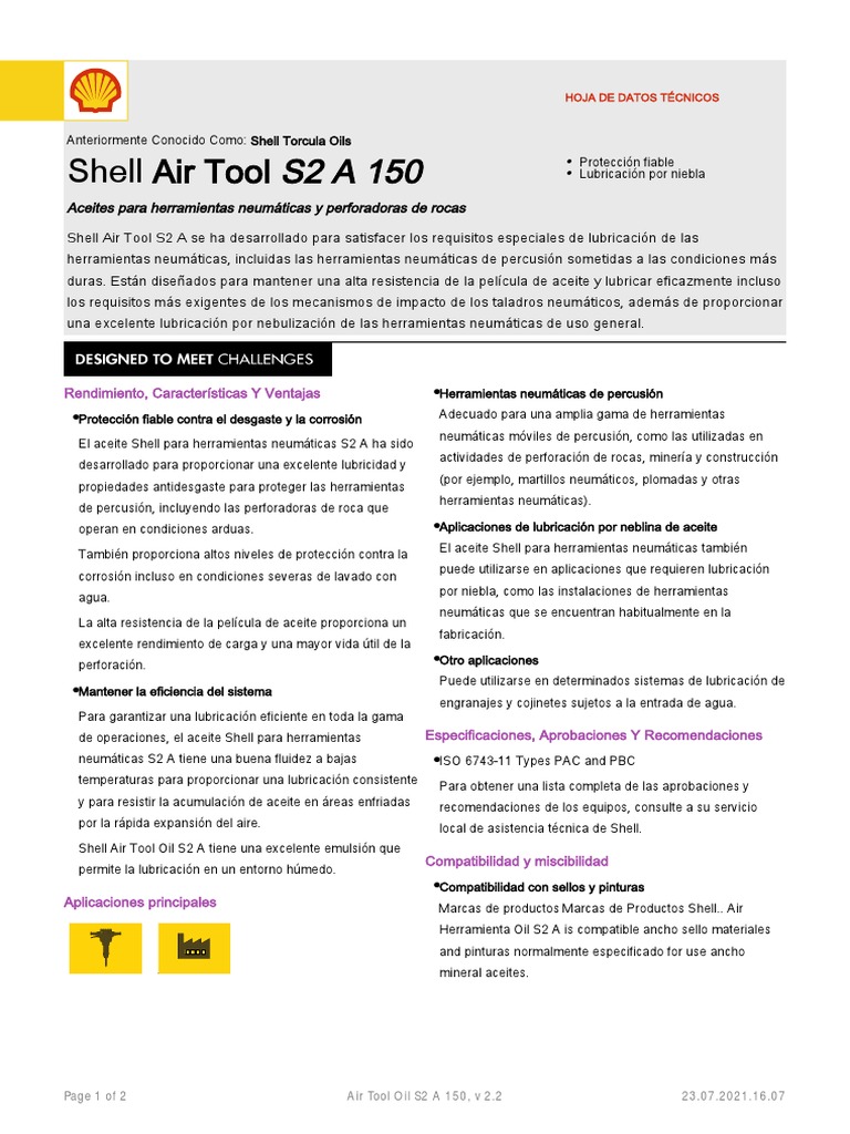 PDS - Shell Air Tool Oil S2 A 150 | PDF | Herramientas | Perforación