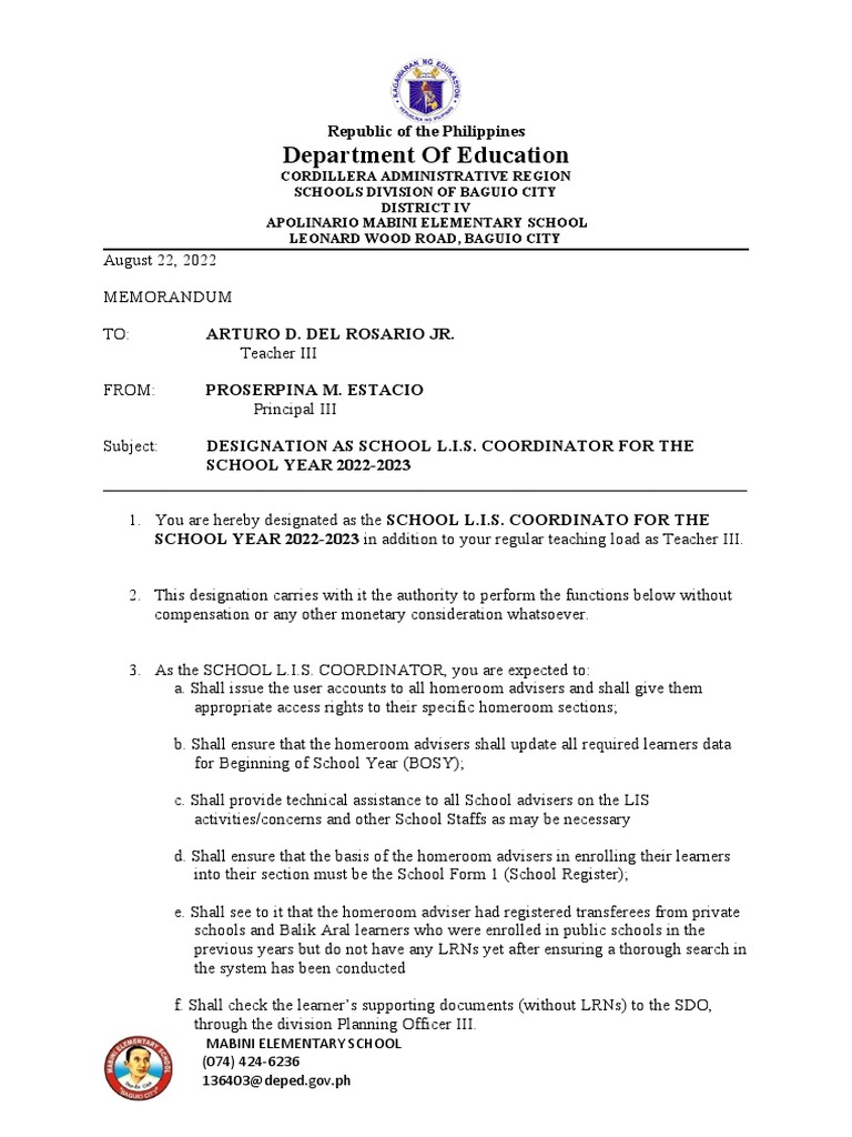 LIS Coordinator Designation Memo | PDF | Career & Growth