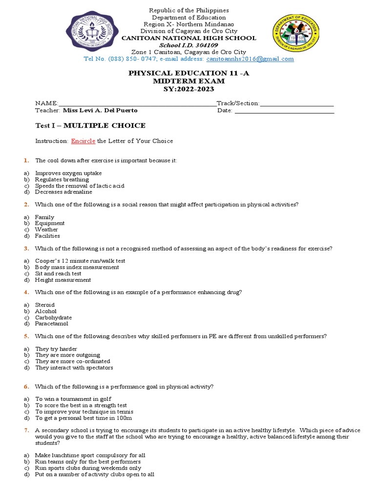 Grade 11 - PE EXAM | PDF | Physical Fitness | Physical Education