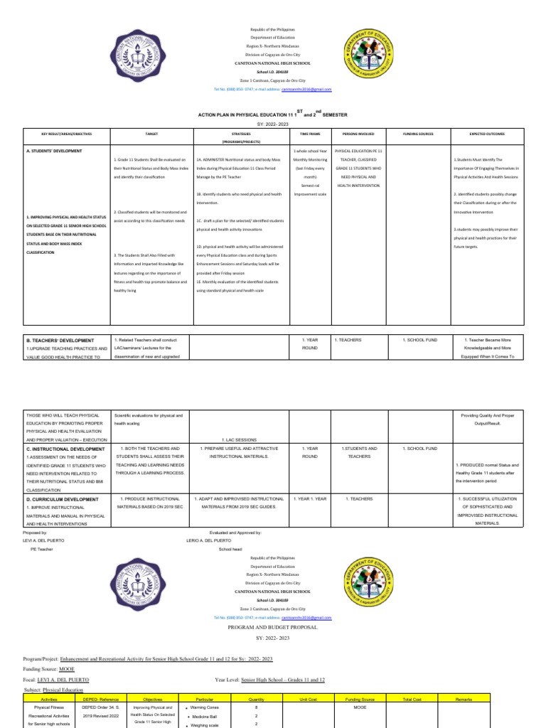 Action Plan IN Pe 11 | PDF | Teachers | Physical Education