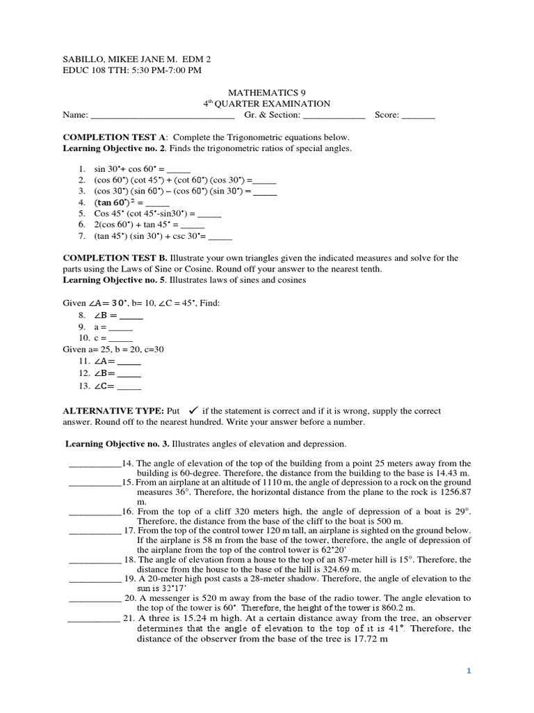 TQ Sabillo Edm2 | PDF | Trigonometric Functions | Elementary Mathematics