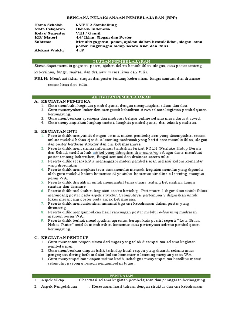 Adiwiyata - RPP ADIWIYATA KELAS 8 BINDO - KEBERSIHAN, FUNGSI SANITASI DAN DRAINASE (SERA ...