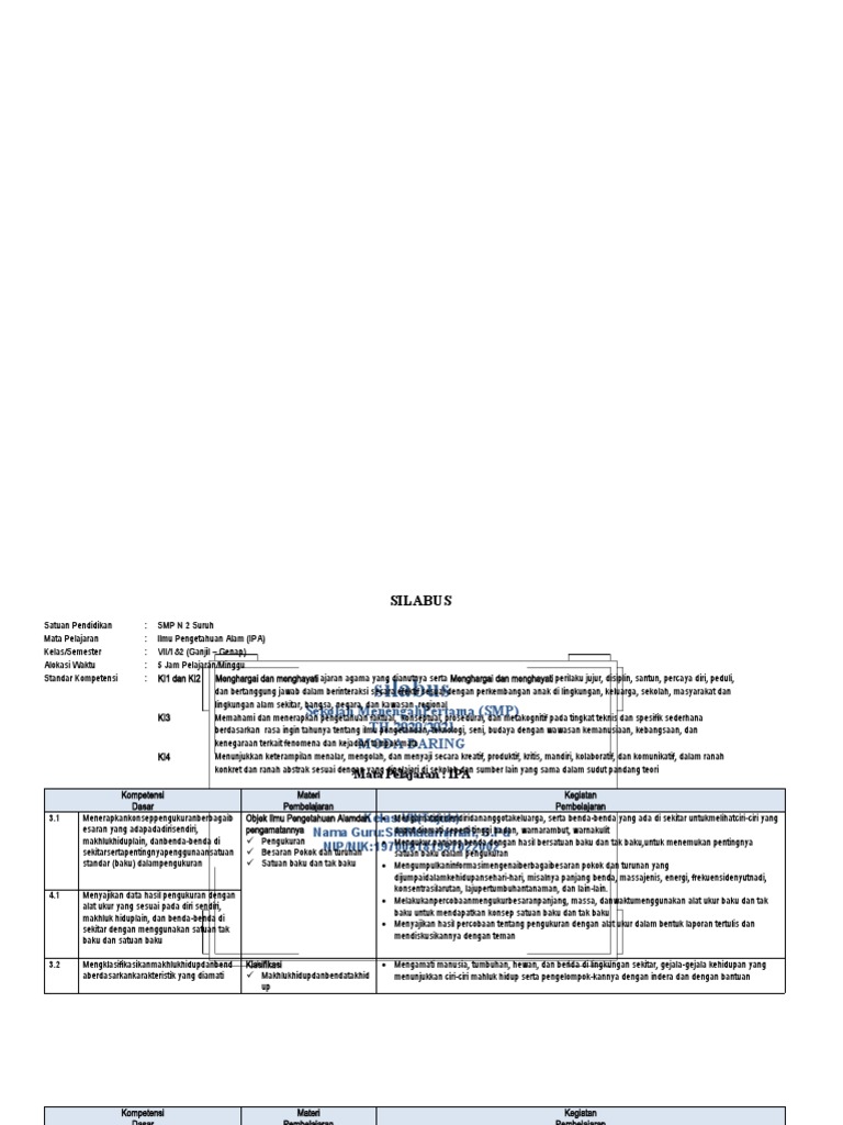 Silabus IPA Kelas 7 (3 Kolom) Daring | PDF
