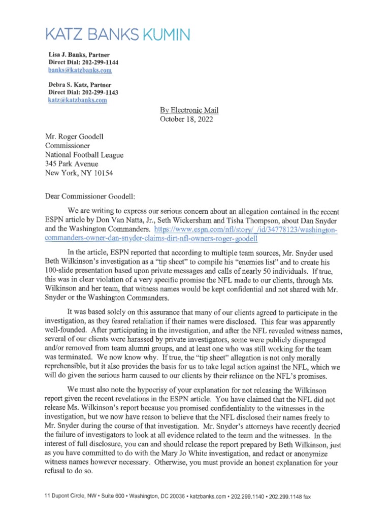 Letter From Lisa Banks and Debra Katz To Roger Goodell | PDF