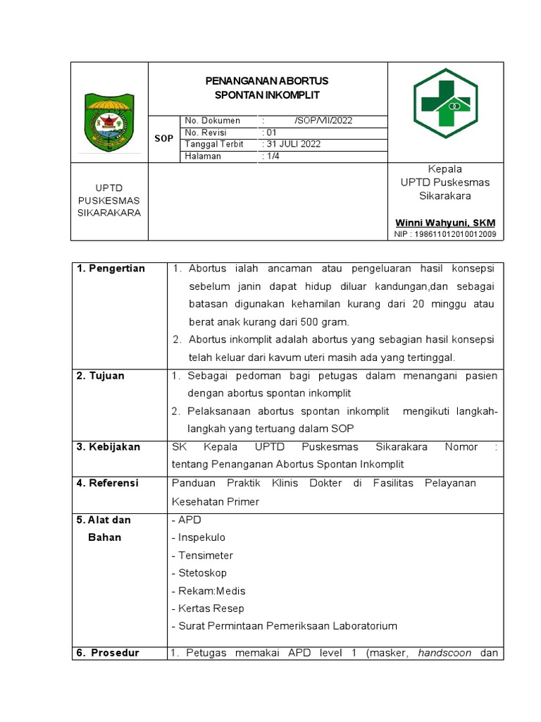 Sop Abortus Spontan Inkomplit | PDF