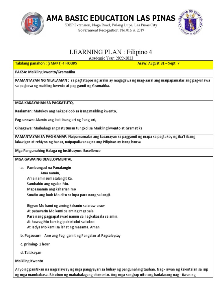 Lesson Plang Filipino | PDF