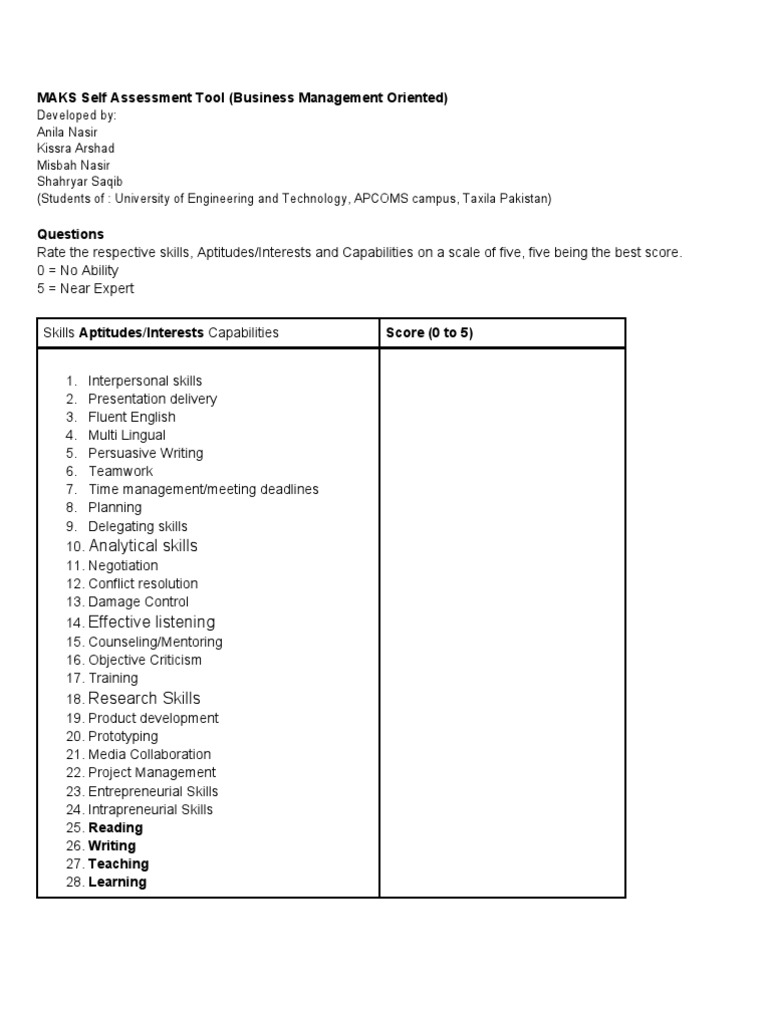 MAKS Self Assessment Tool for Careers | PDF | Educational Assessment ...