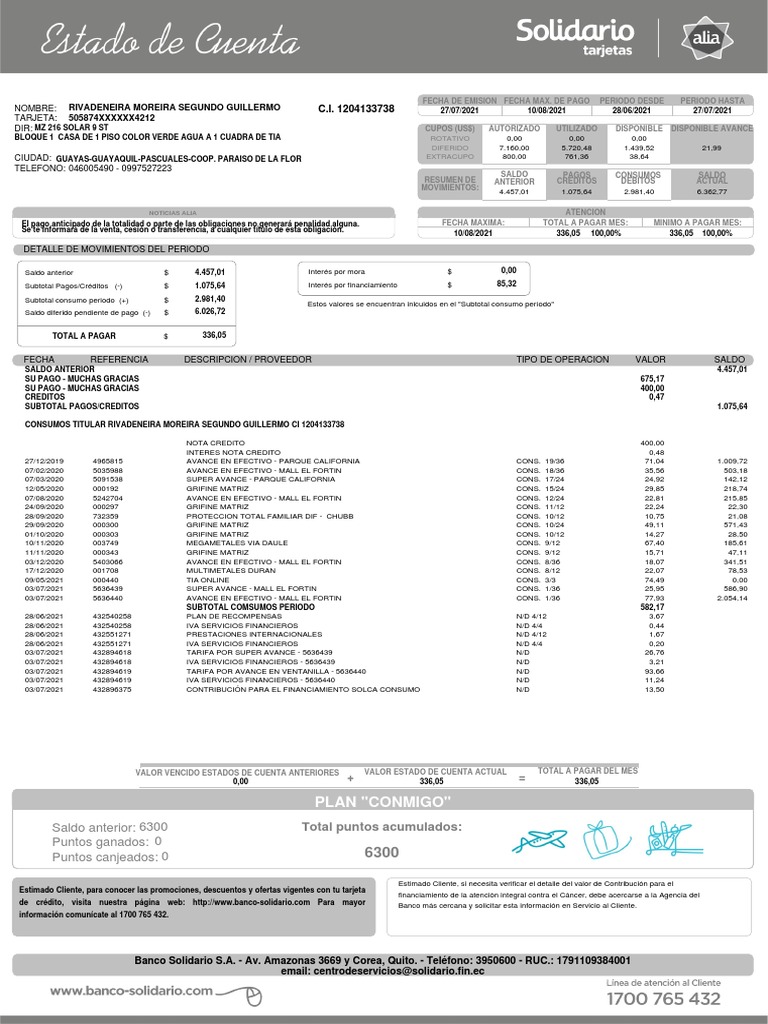 Plan "Conmigo": Nombre: Tarjeta: Dir: Rivadeneira Moreira Segundo ...