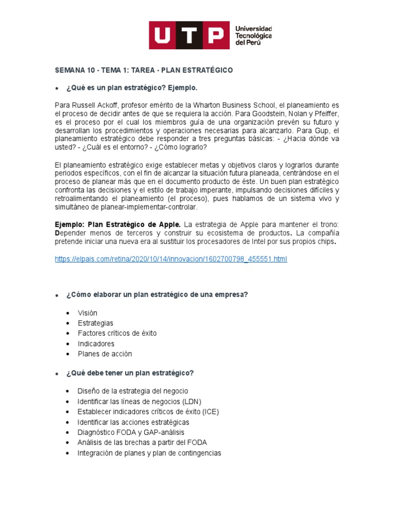 Semana 10 - Tema 1 - Tarea - Plan Estratégico | PDF