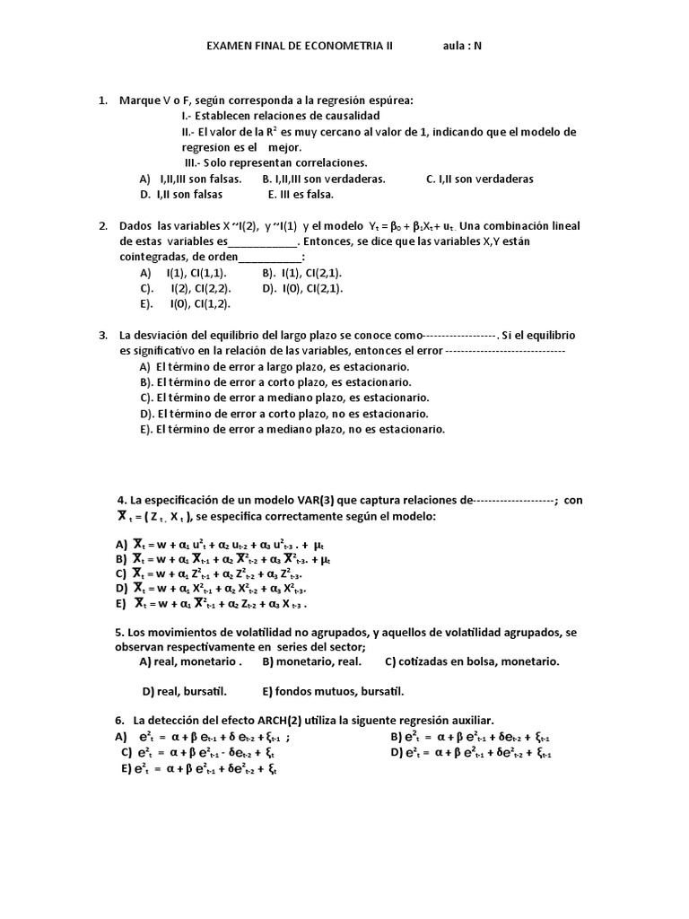 Aaaaaaapropuesta Examen Econometria II-2020.II-final.2022.1 | PDF | Estadísticas | Teoría ...
