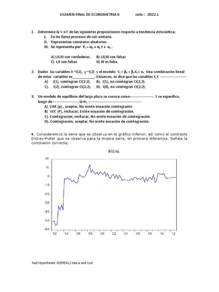 Análisis de series de tiempo y cointegración: resolución de examen final de Econometría II | PDF ...