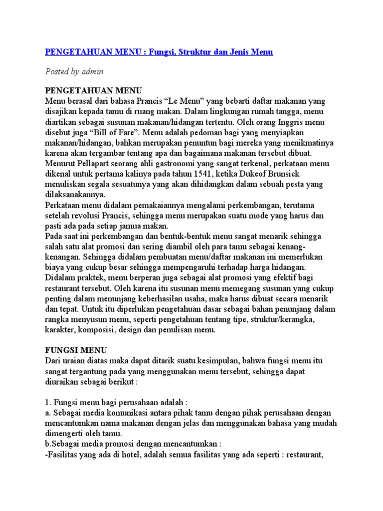 Makanan dan Menu: Fungsi, Struktur, dan Jenis Menu | PDF