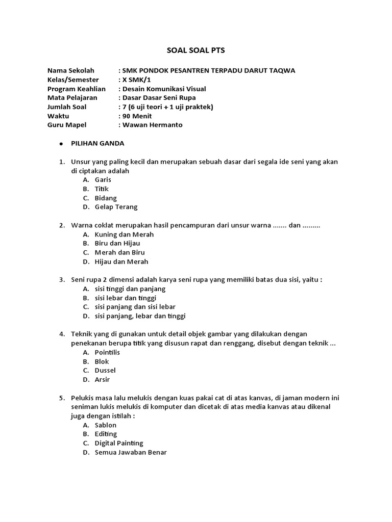 Soal PTS Dasar Dasar Seni Rupa | PDF
