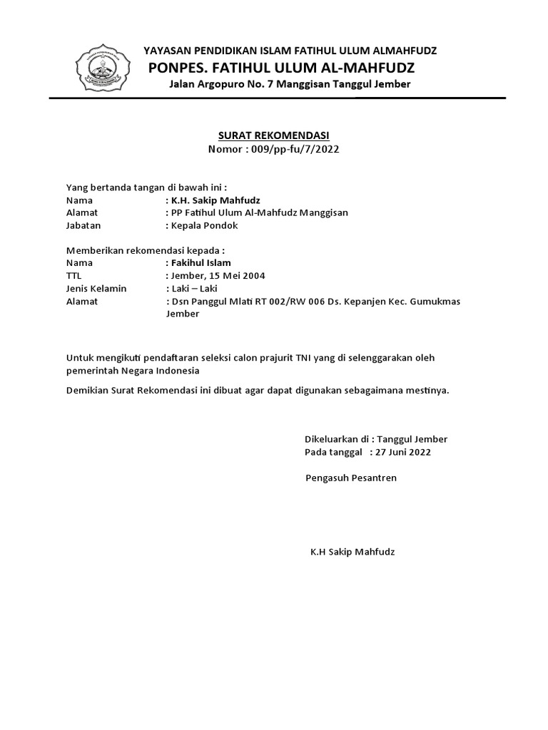 Surat Rekomendasi Madin | PDF