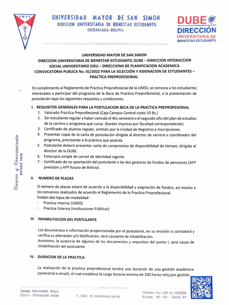 Convocatoria Beca Práctica Preprofesional UMSS | PDF