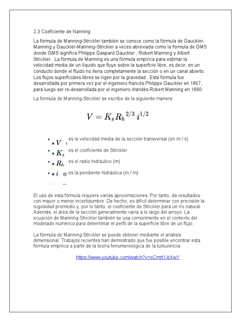 Fórmula de Manning-Strickler y Coeficiente n | PDF | Descarga ...