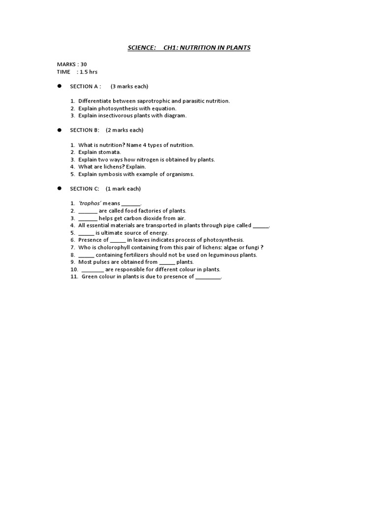 Plant Nutrition Exam Guide | PDF | Science & Mathematics