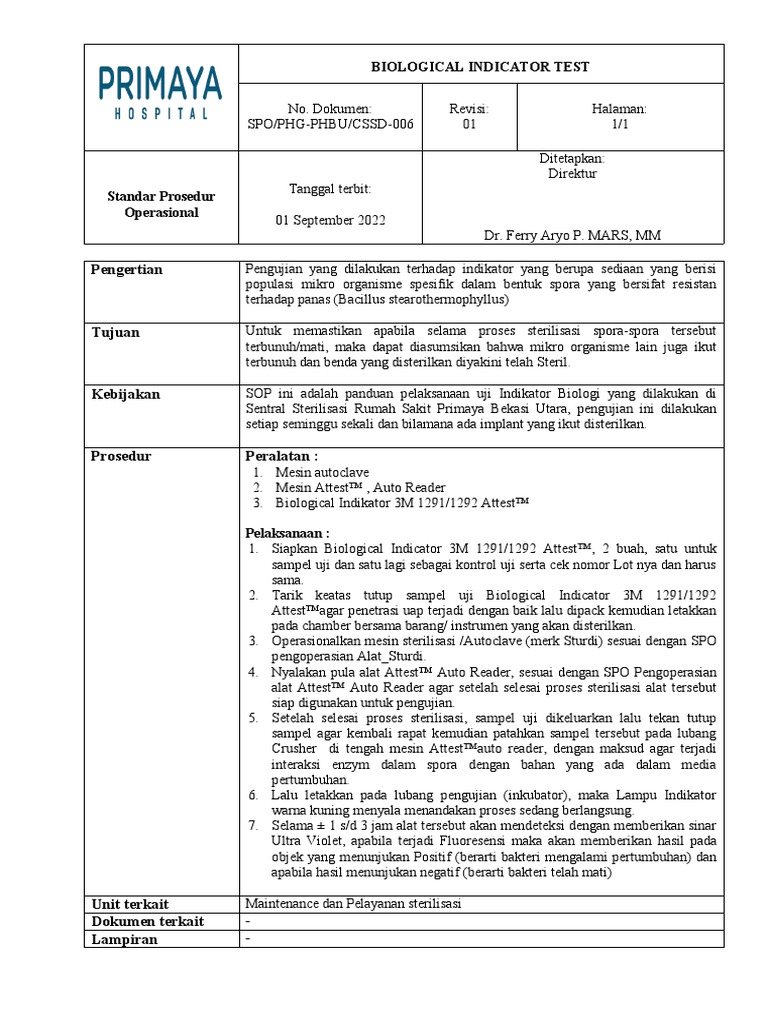 Spo CSSD 06 Biological Indicator Test - Doc Terbaru | PDF