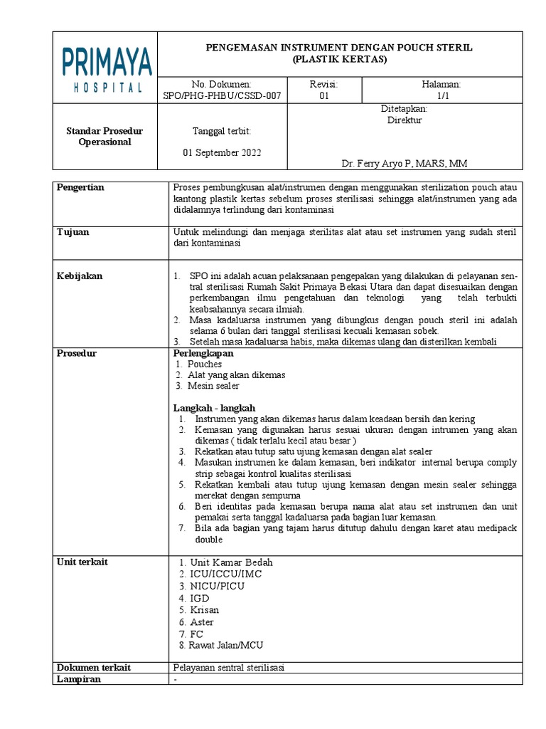 Spo CSSD 07 Pengemasan Instrumen Dengan Puoch Steril - Doc Terbaru | PDF
