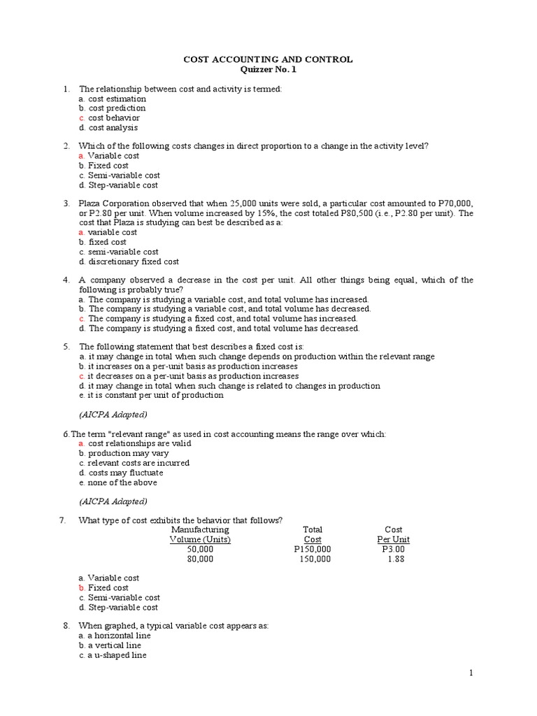 COST - Quizzer No. 1 | PDF | Inventory | Regression Analysis